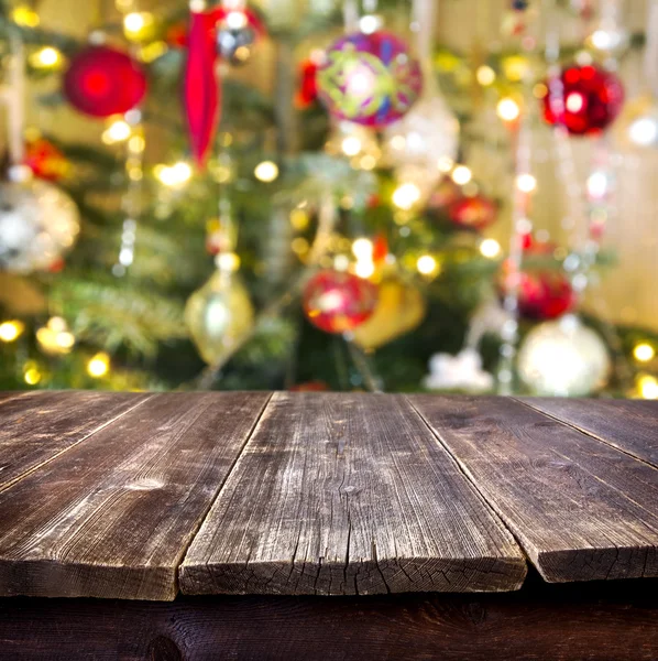 Empty Wood Table Top Blur Room Christmas Tree Background Suitable Stock ...