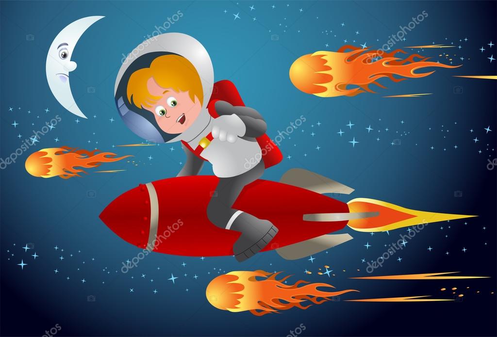 Child racing with meteors riding red rocket Stock Illustration by ...