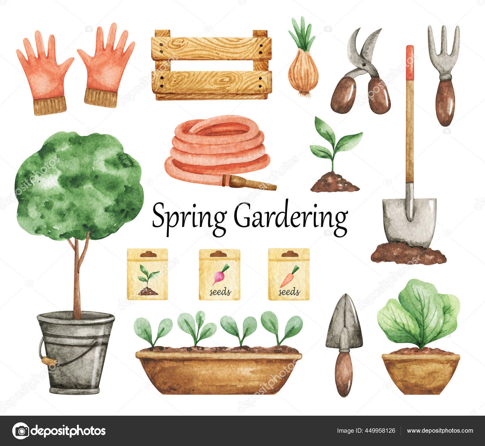 Spring Gardening Clipart Garden Tools Set Garden Elements Watercolor ...