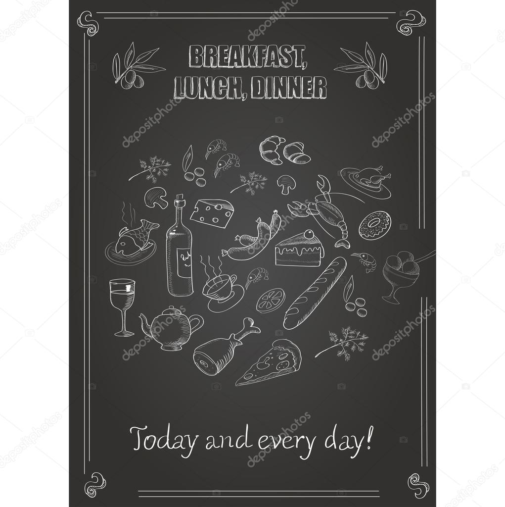 Vintage breakfast, lunch and dinner poster with food — Stock Photo ...