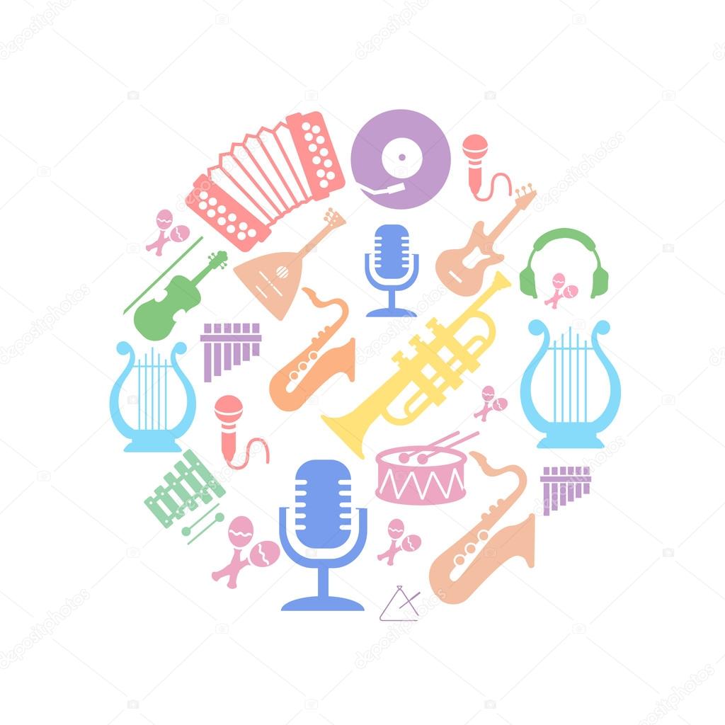 Multicolored music instruments silhouette in circle shape. — Stock ...