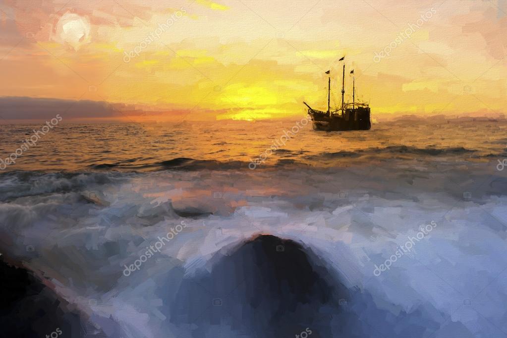 Pirate Ship Ocean Sunset Stock Photo by ©mexitographer 120179528