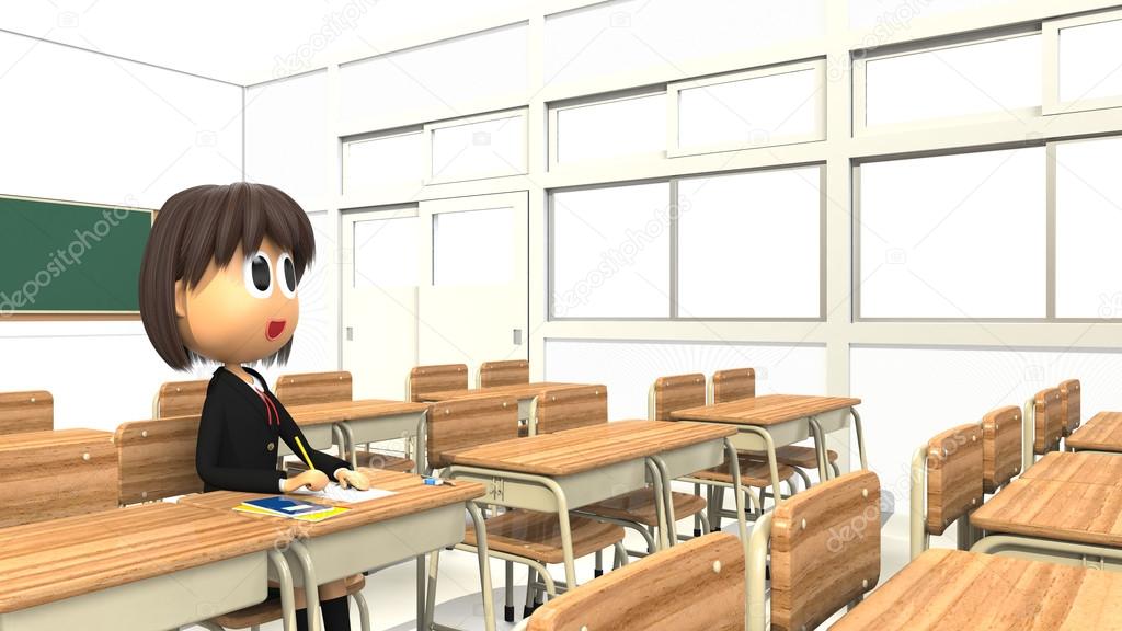 3D-CG image of a Female student sitting in the classroom — Stock Photo © _3103_ #77250820