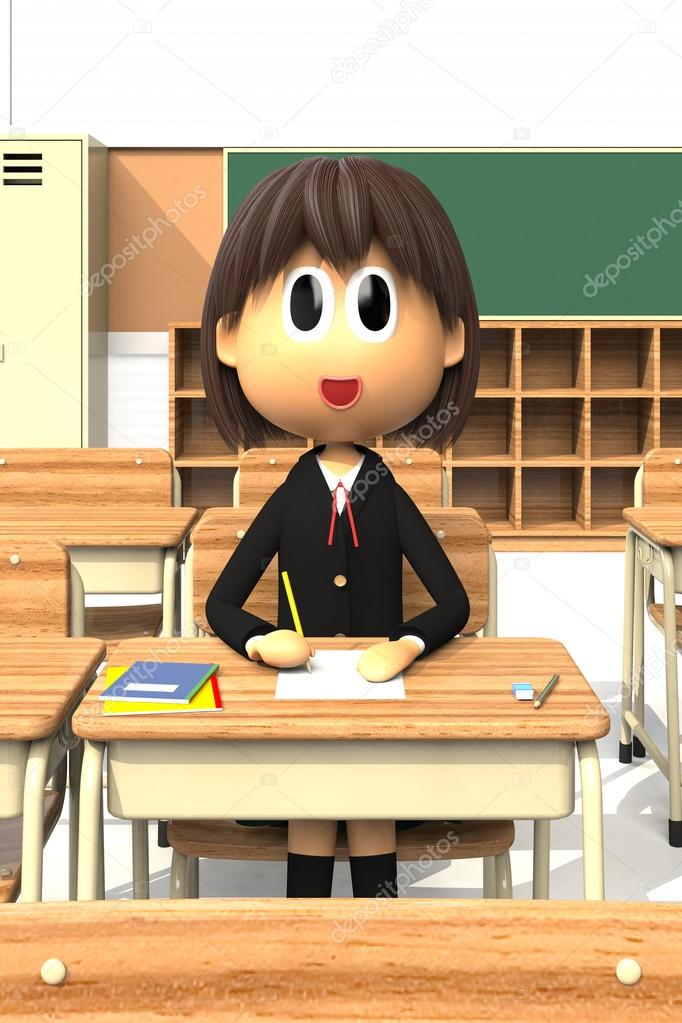 3D-CG image of a Female student sitting in the classroom Stock Illustration by ©_3103_ #77255150