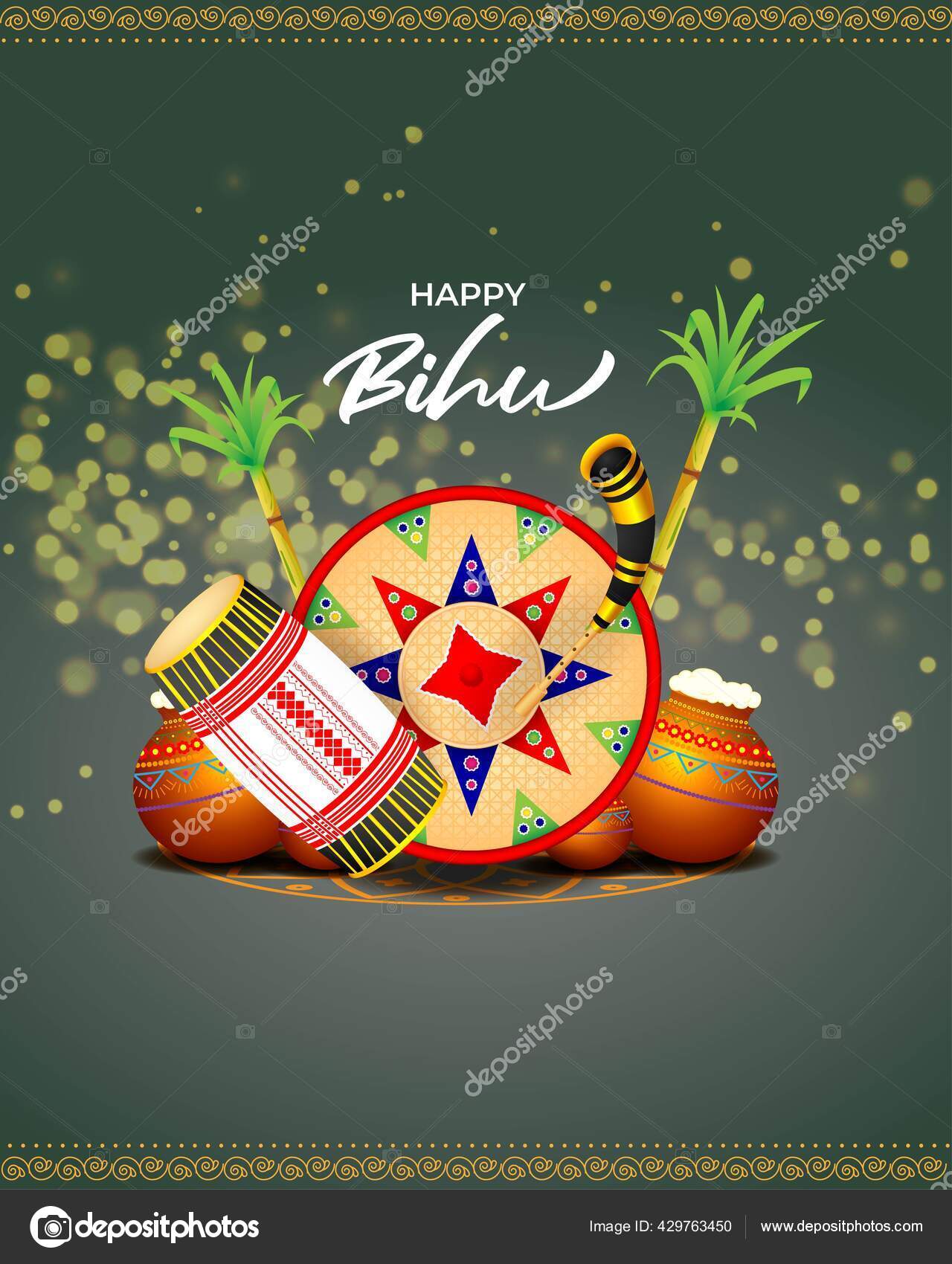 Vector Illustration Banner Greetings Festivals Bihu Template Drums ...