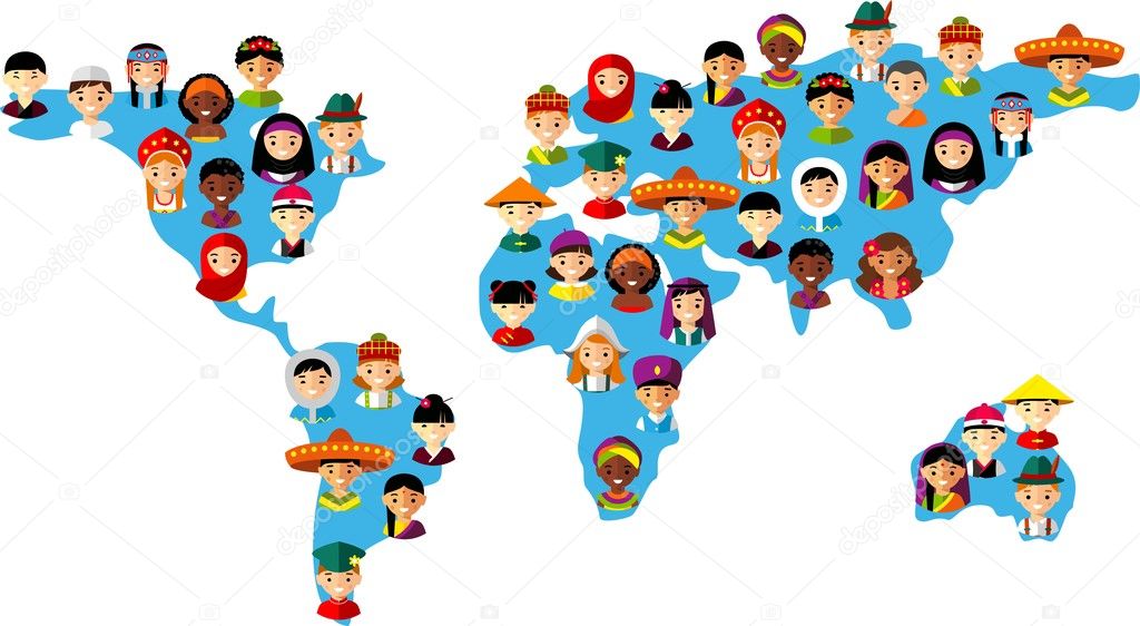 Vector illustration multicultural national children on map earth ...
