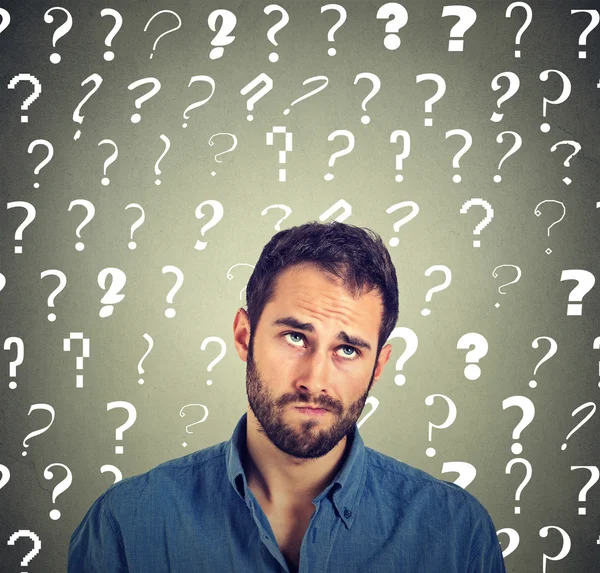 Portrait confused thinking young man with vertigo dizziness has many ... Portrait confused thinking young man with vertigo dizziness has many ...