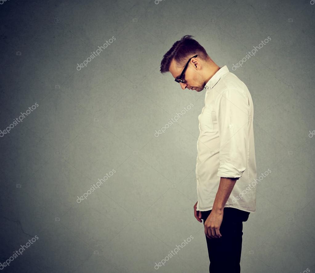 Sad lonely man looking down has no energy motivation depressed — Stock ...