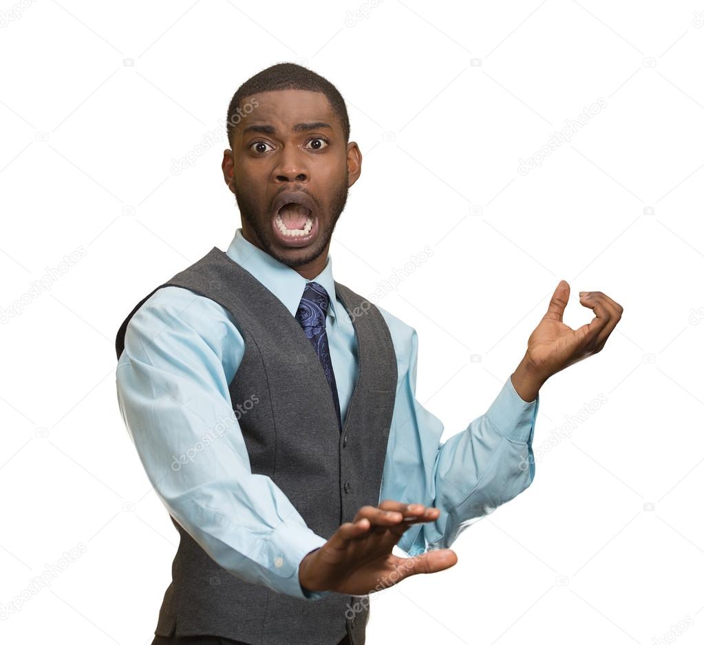 Man looking Shocked Scared trying to protect himself from unplea Stock ...