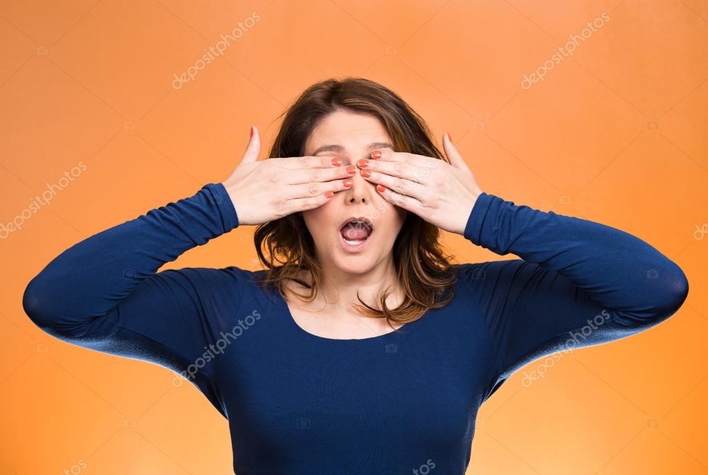 Woman closing eyes with hands can't see. See no evil concept Stock ...