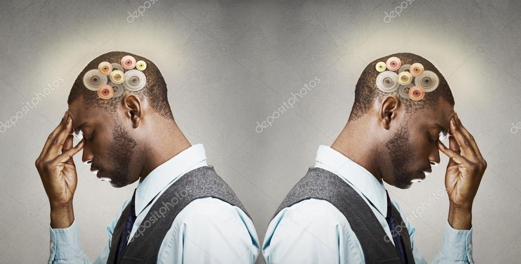 Headshot two thoughtful men, back to back thinking — Stock Photo ...