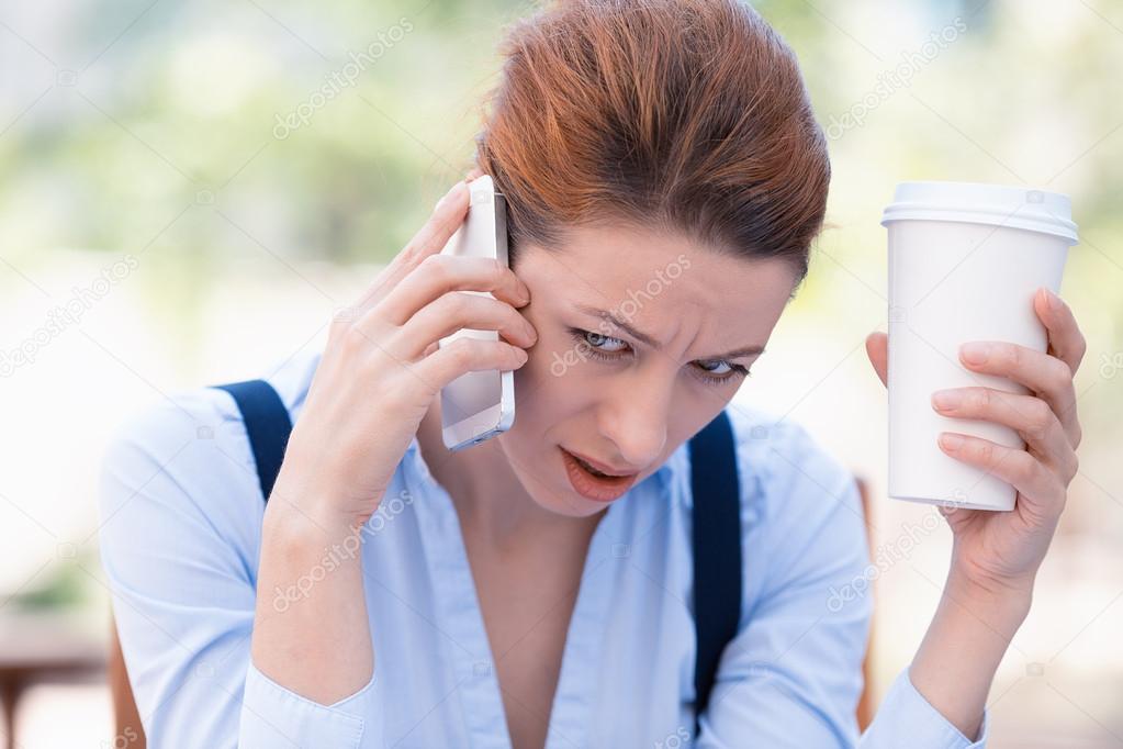 Upset sad, skeptical, unhappy, serious woman talking on phone — Stock ... Upset sad, skeptical, unhappy, serious woman talking on phone — Stock ...