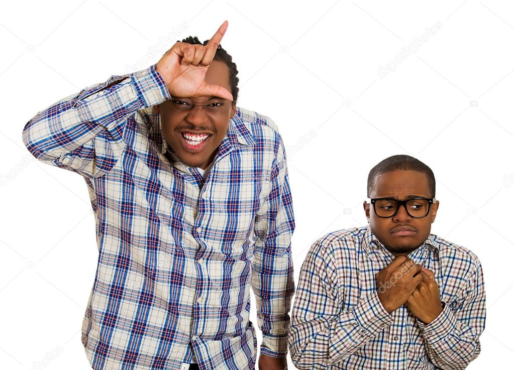 Two men, rude bully showing looser sign, shy little nerdy guy — Stock ...