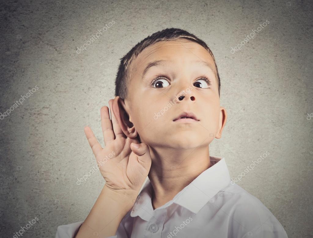 Curious man, boy, listens, hand to ear gesture — Stock Photo ...