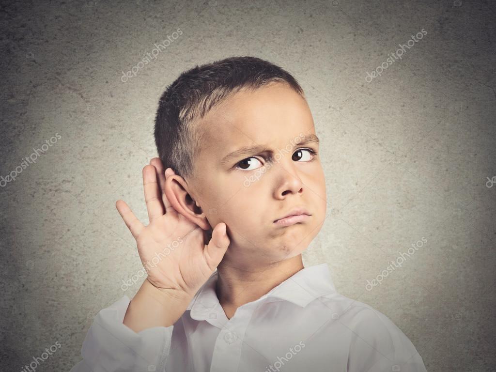 Curious man, boy, listens, hand to ear gesture — Stock Photo ...