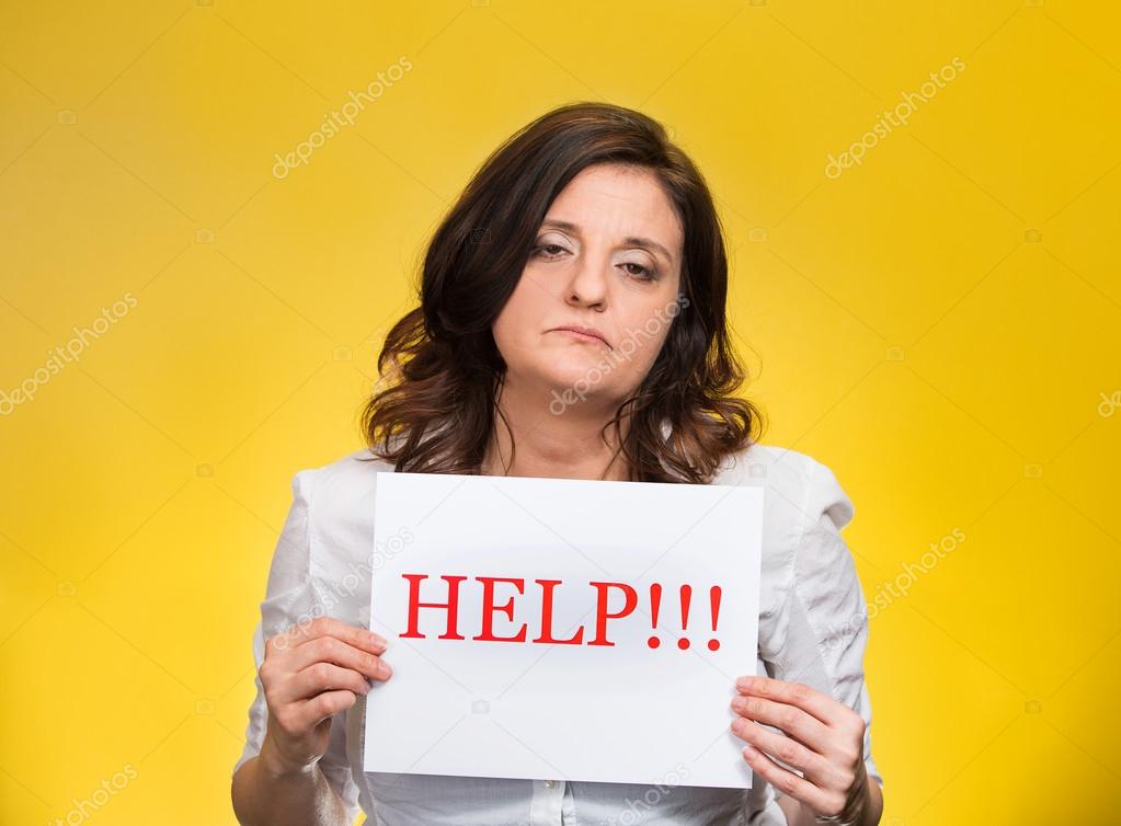 Tired middle aged woman, student, worker, holding help sign — Stock ...