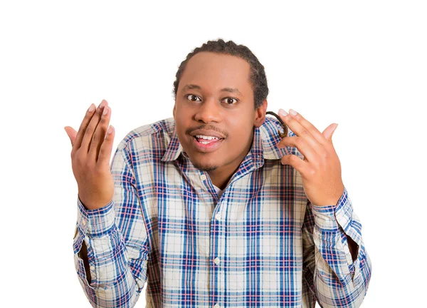 Rude, difficult, angry young man gesturing with fingers are you crazy ...