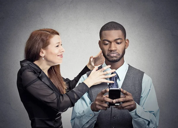 Man obsessed with smartphone ignoring woman — Stock Photo ...