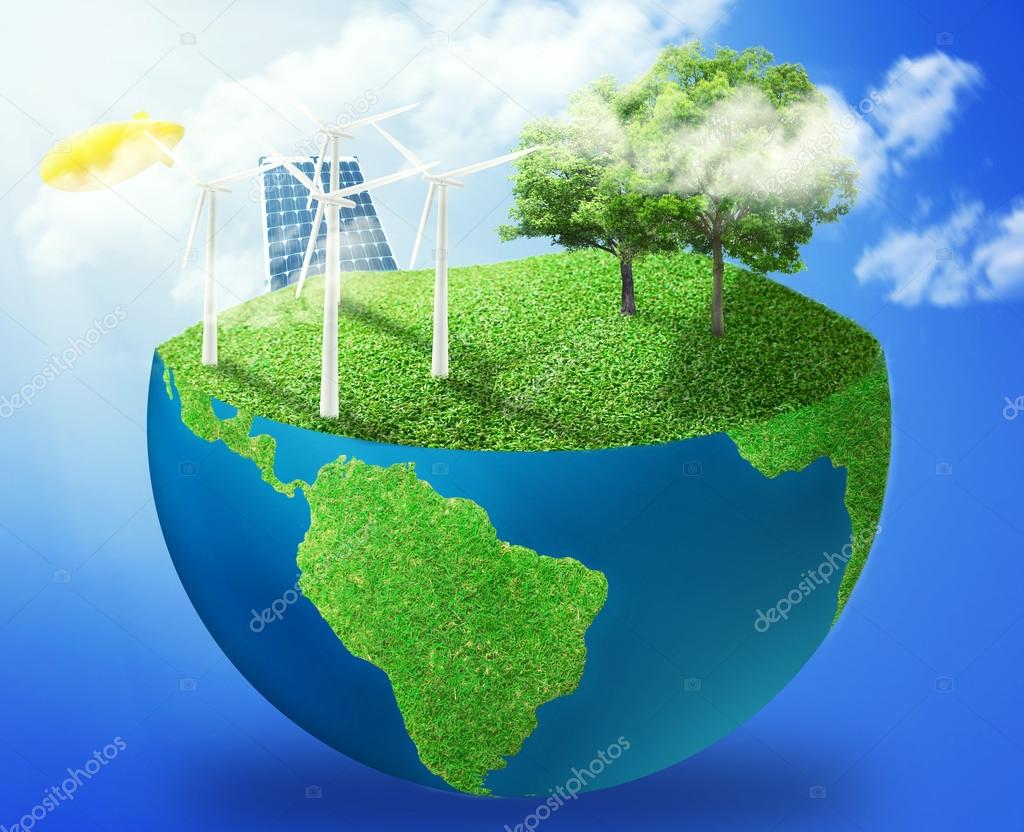 Green micro world earth covered with green grass wind energy turbines ...