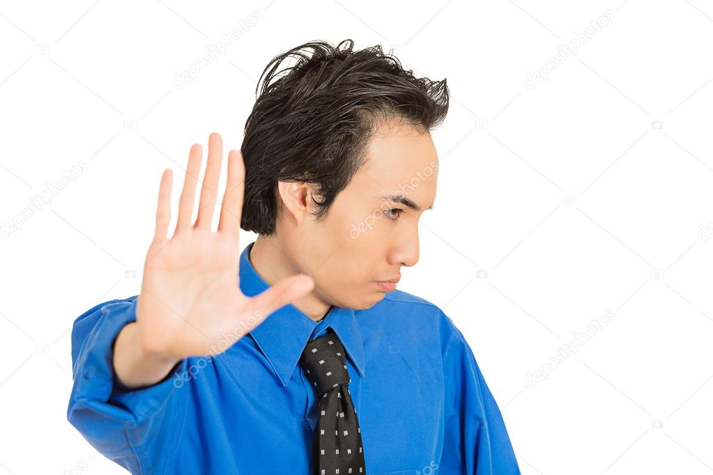 Grumpy man with bad attitude giving talk to hand gesture — Stock Photo ...