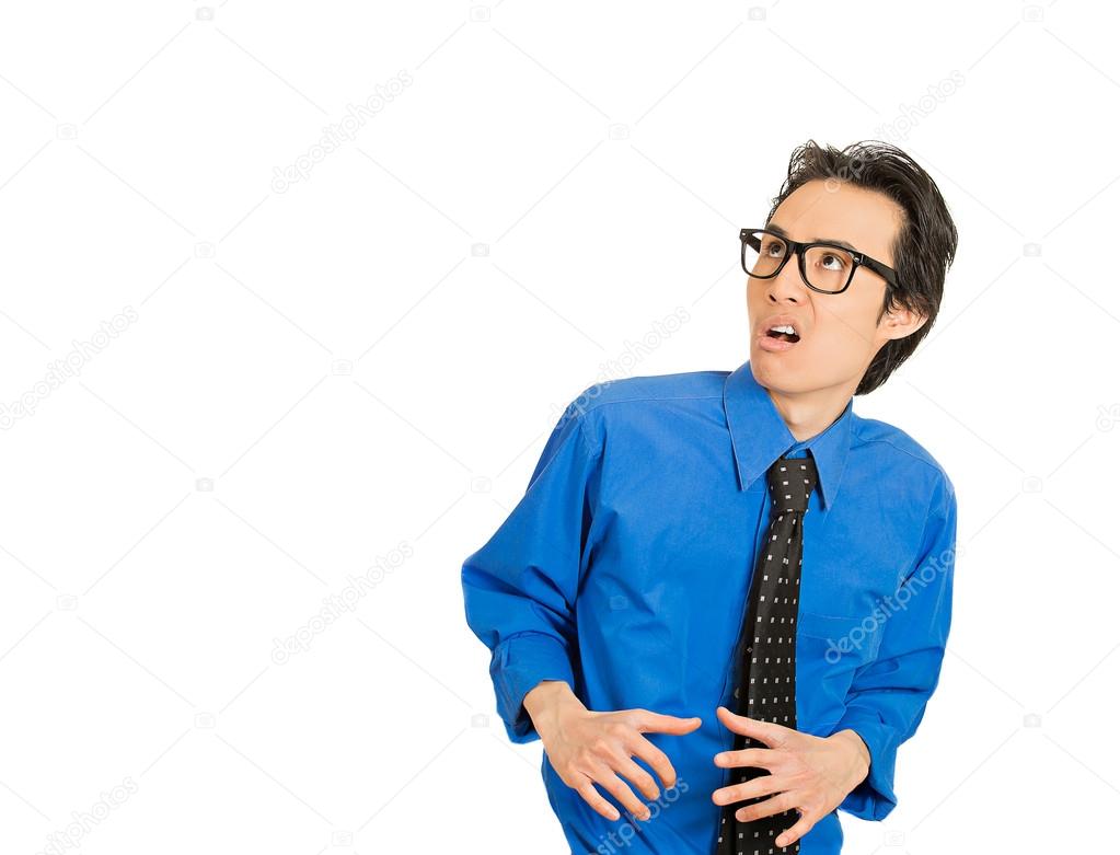 Man looking shocked scared trying to protect himself from unpleasant ...