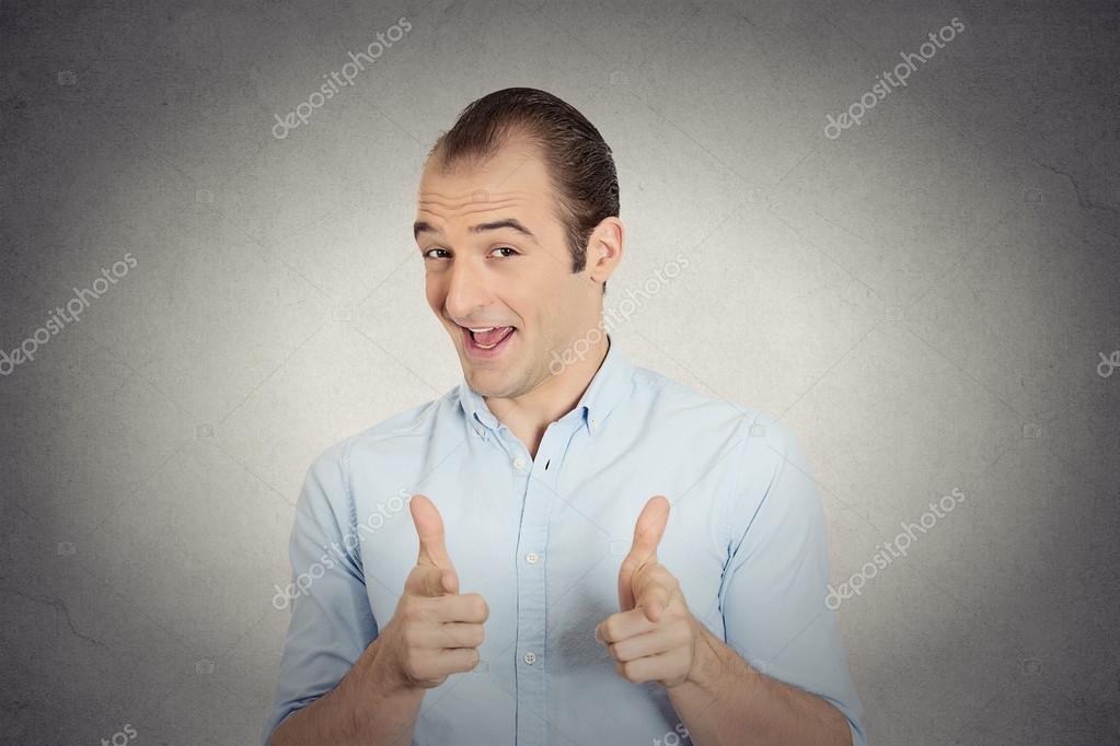 Man with two hands guns sign gesture pointing at you camera — Stock ...