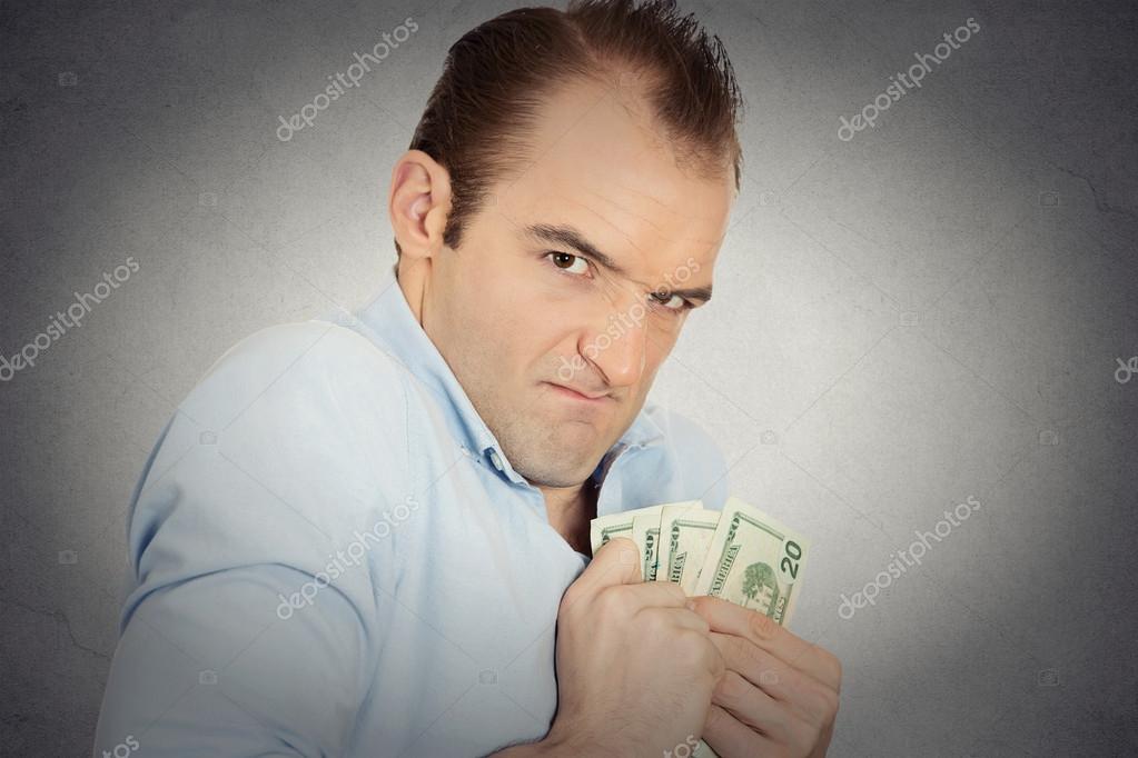 Greedy banker executive CEO boss, holding dollar banknotes Stock Photo ...