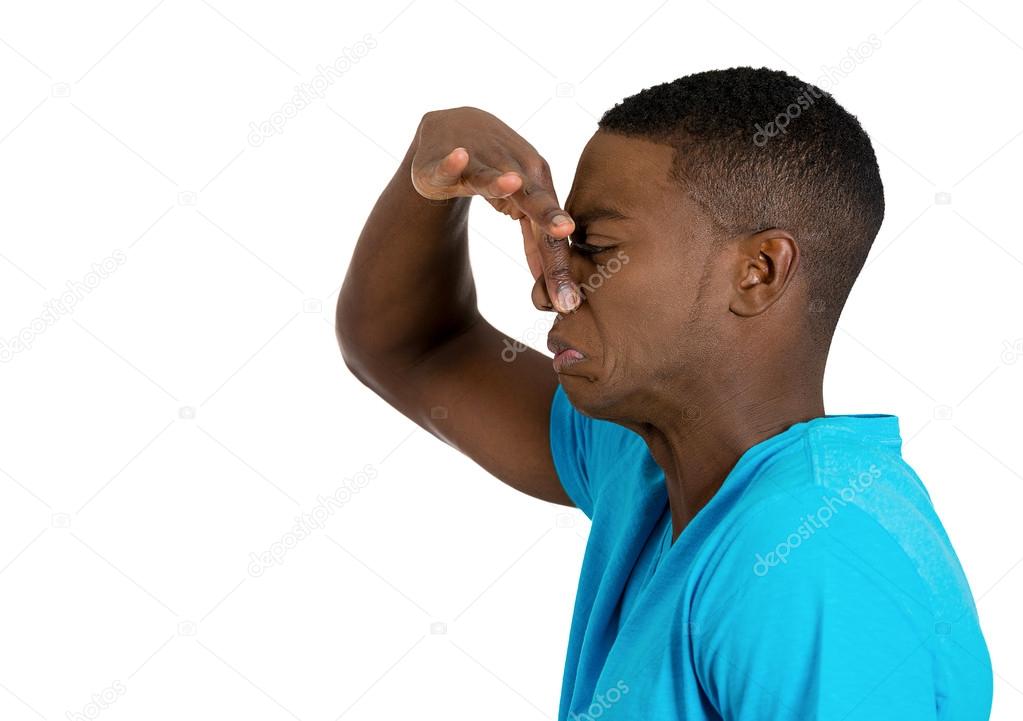 Young man disgust on face, pinches his nose something stinks — Stock ...