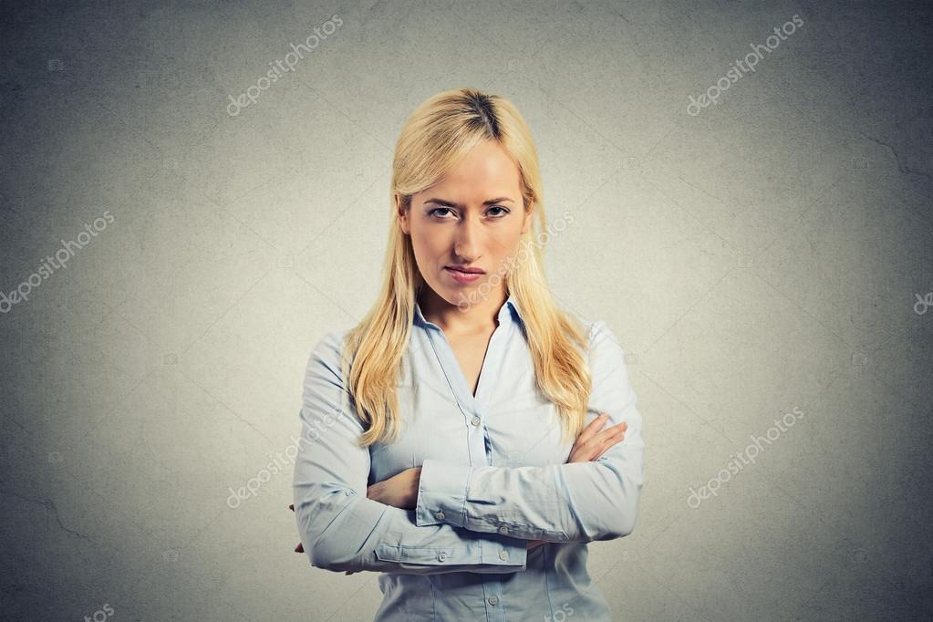 Portrait angry blonde woman on grey background Stock Photo by ...