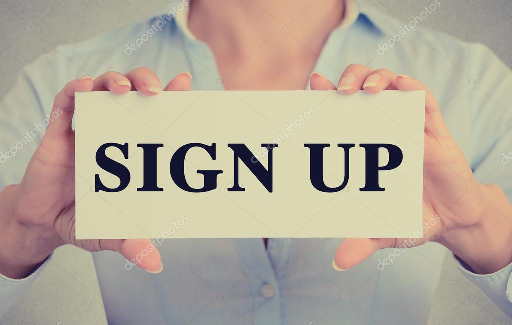 Closeup hands holding card with sign up text message — Stock Photo ...