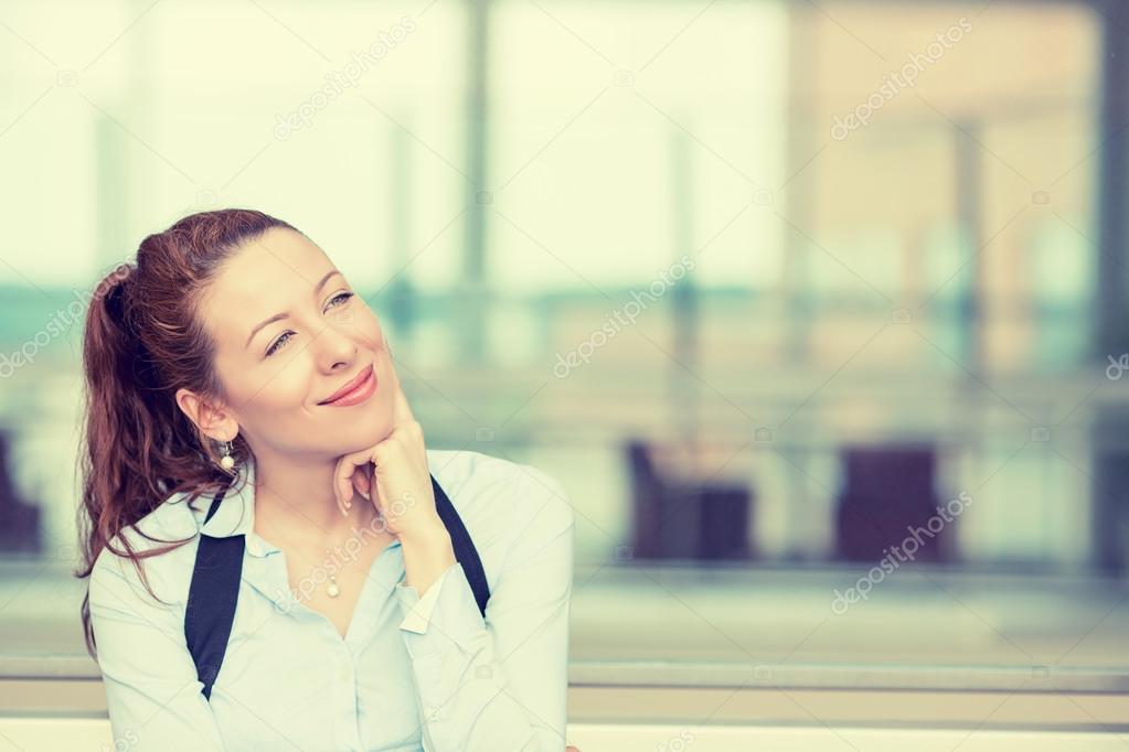 Happy woman thinking dreaming has many ideas looking up Stock Photo by ...