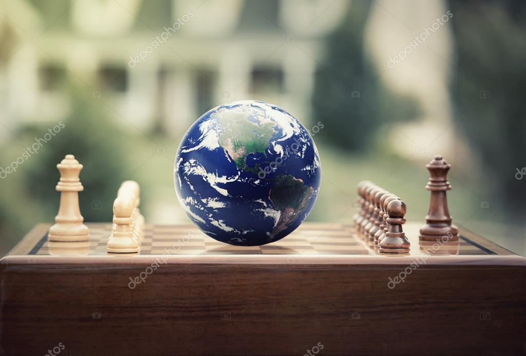 Chess game figures earth globe isolated on home background — Stock ...