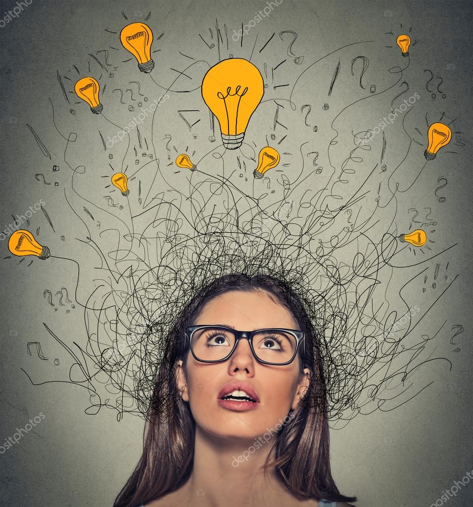 Thinking woman with question signs and light idea bulb above head ... Thinking woman with question signs and light idea bulb above head ...