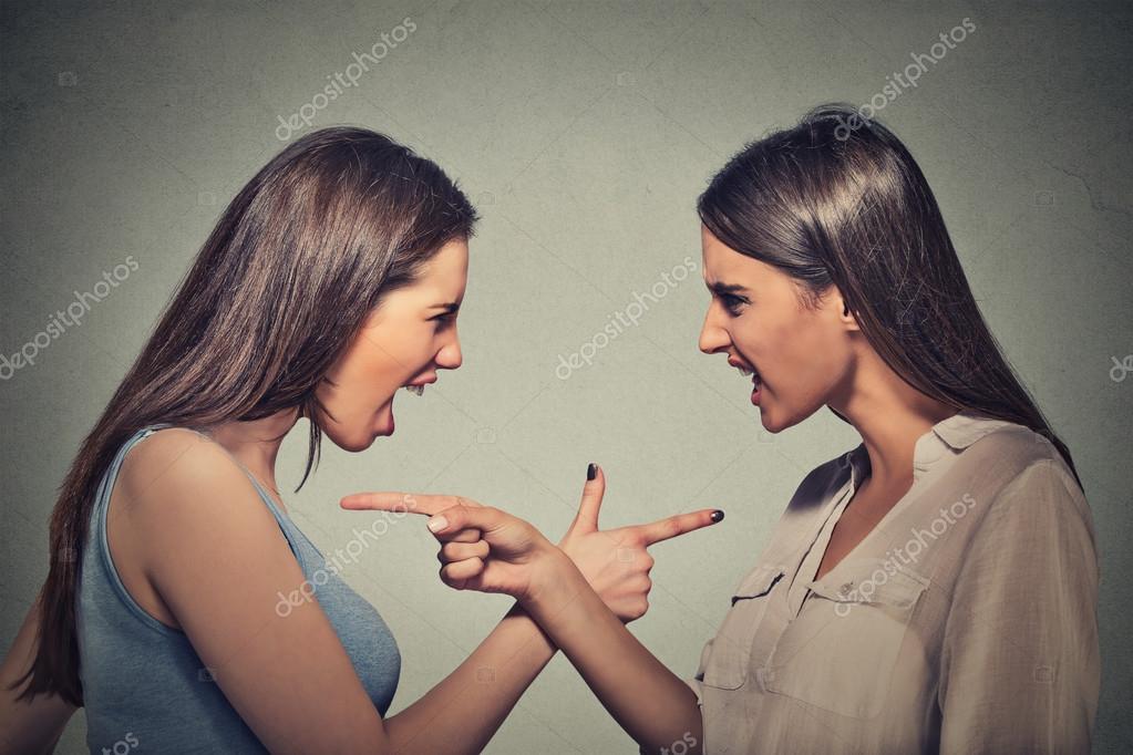 Side profile portrait two angry upset women blaming each other Stock ...
