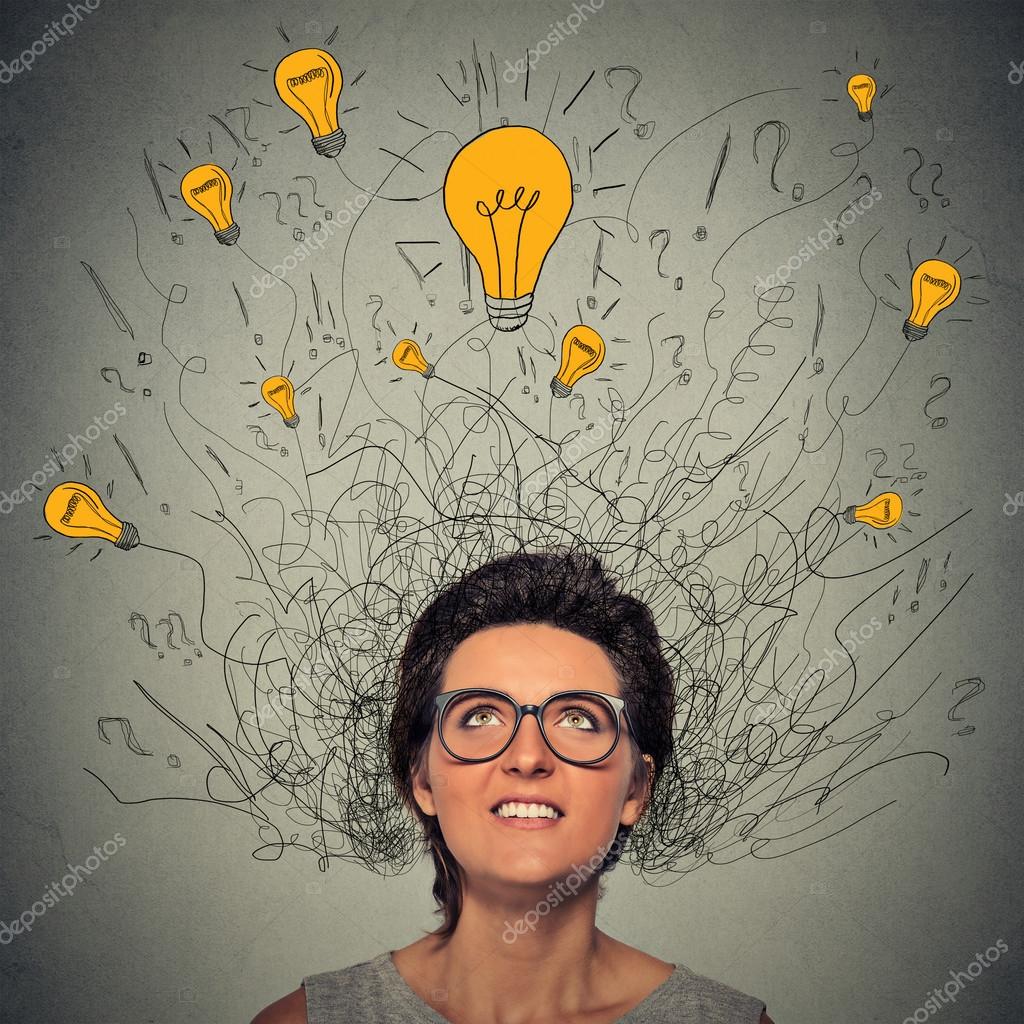 Thinking woman with question signs and light idea bulb above head Stock ... Thinking woman with question signs and light idea bulb above head Stock ...