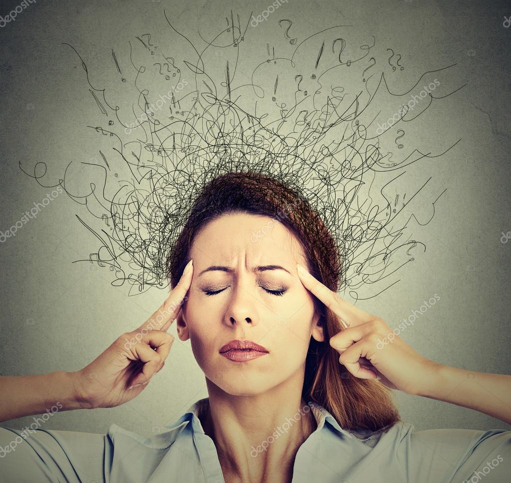 Woman with worried stressed face expression eyes closed trying to ...