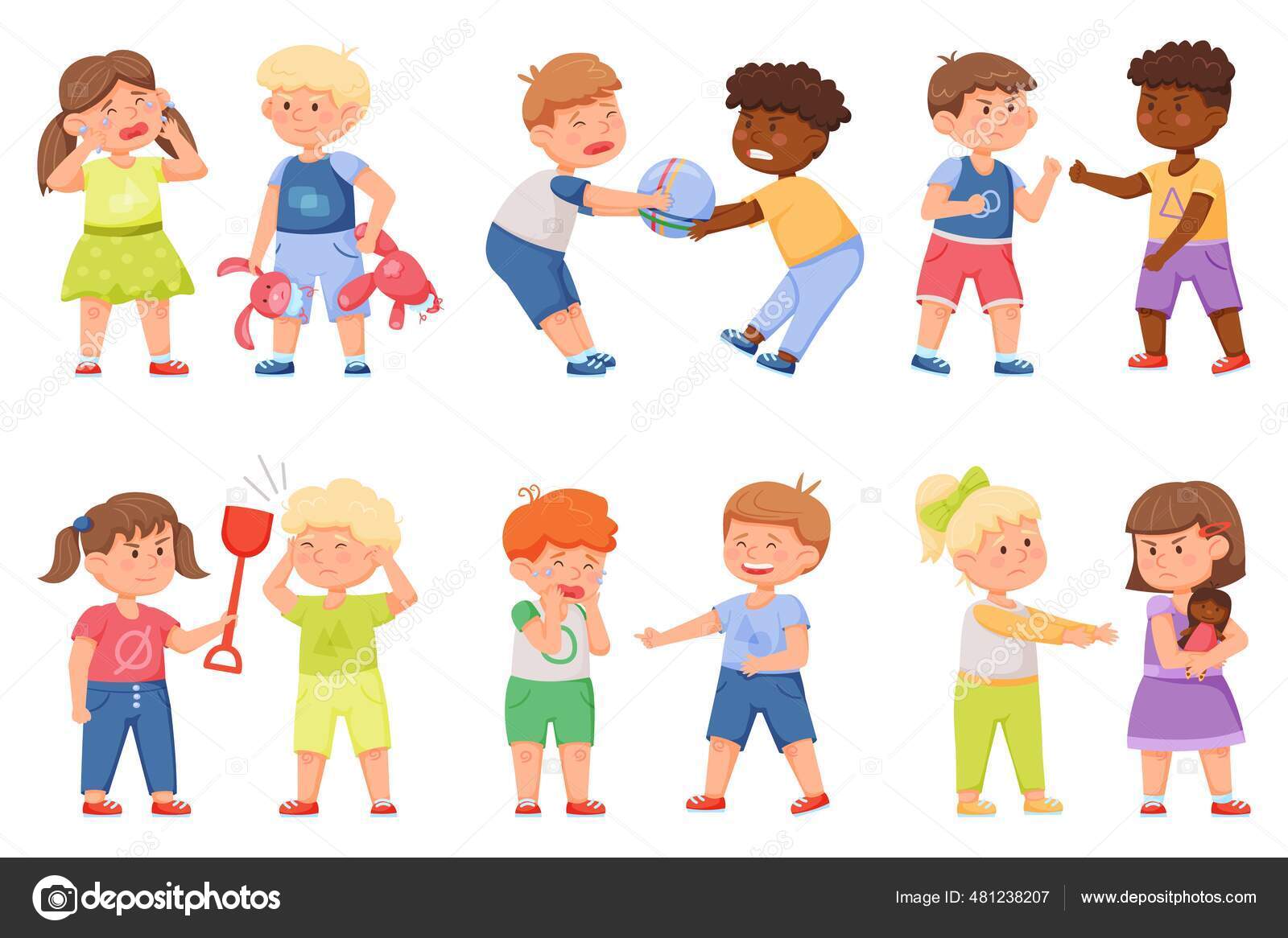Mala conducta del chico. Niños peleando por juguetes, empujando picazón ...