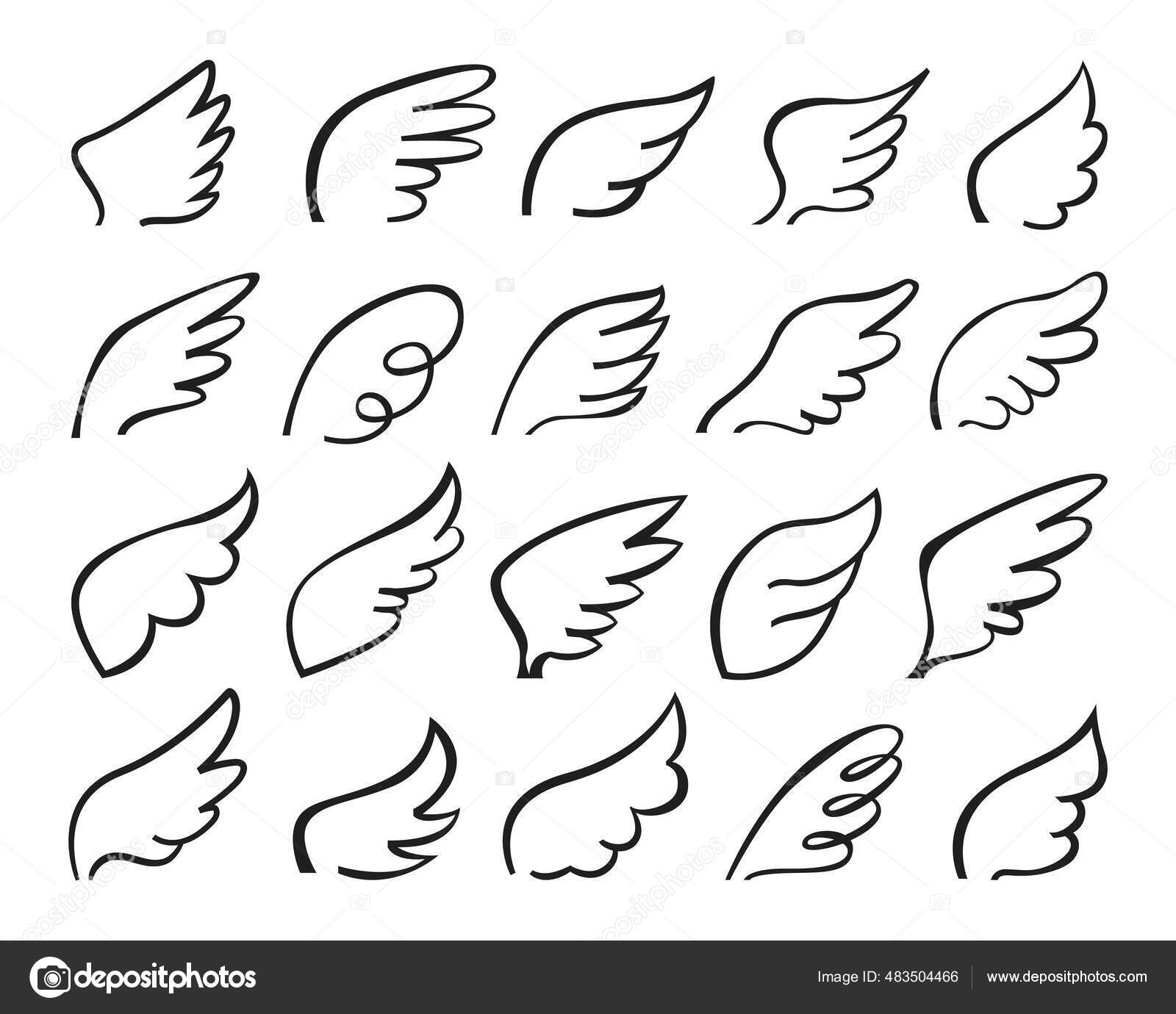 Doodle alas. Flying angelic wing logo, dibujo estilizado del contorno del tatuaje de las plumas ...