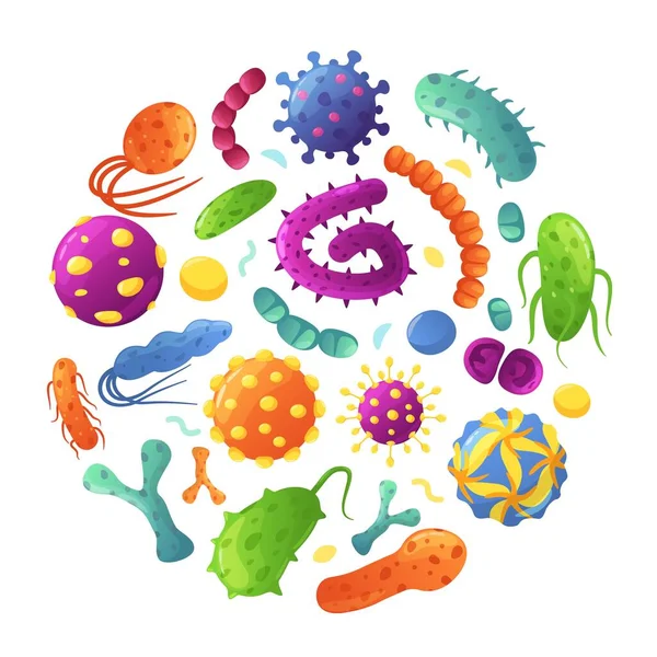 Cartoon microbe. Biological microorganisms, virus cells, infecting germs, bacteria. Pathogenic ...
