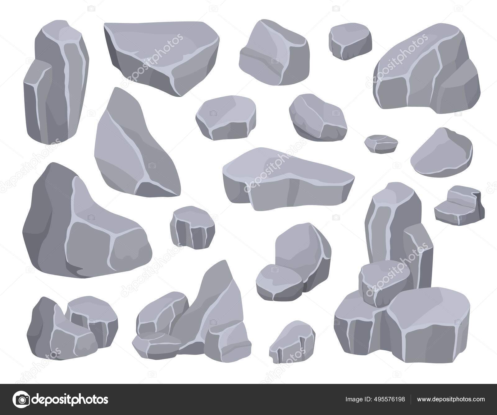 Cartoon rock stones, gray mountain cliffs and boulders. Various sizes ...