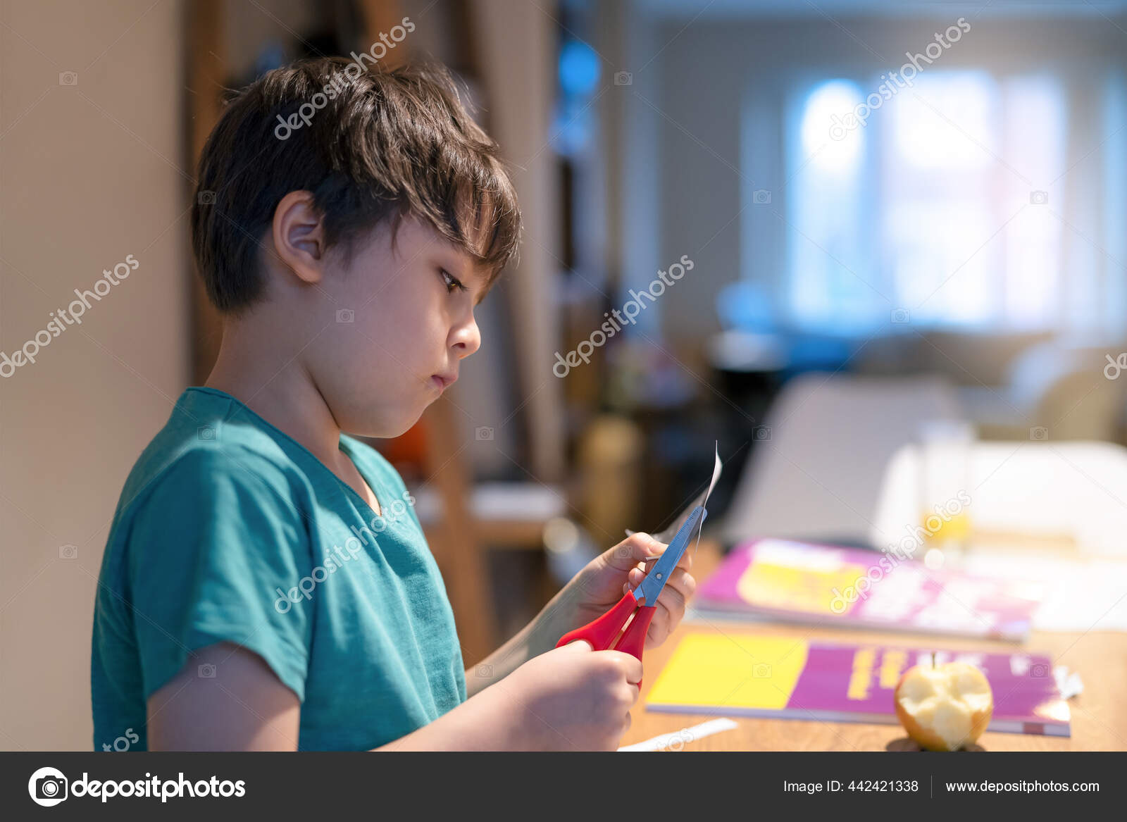 Kid Using Scissors Cutting White Paper Schoolboy Making Art Craft Stock ...