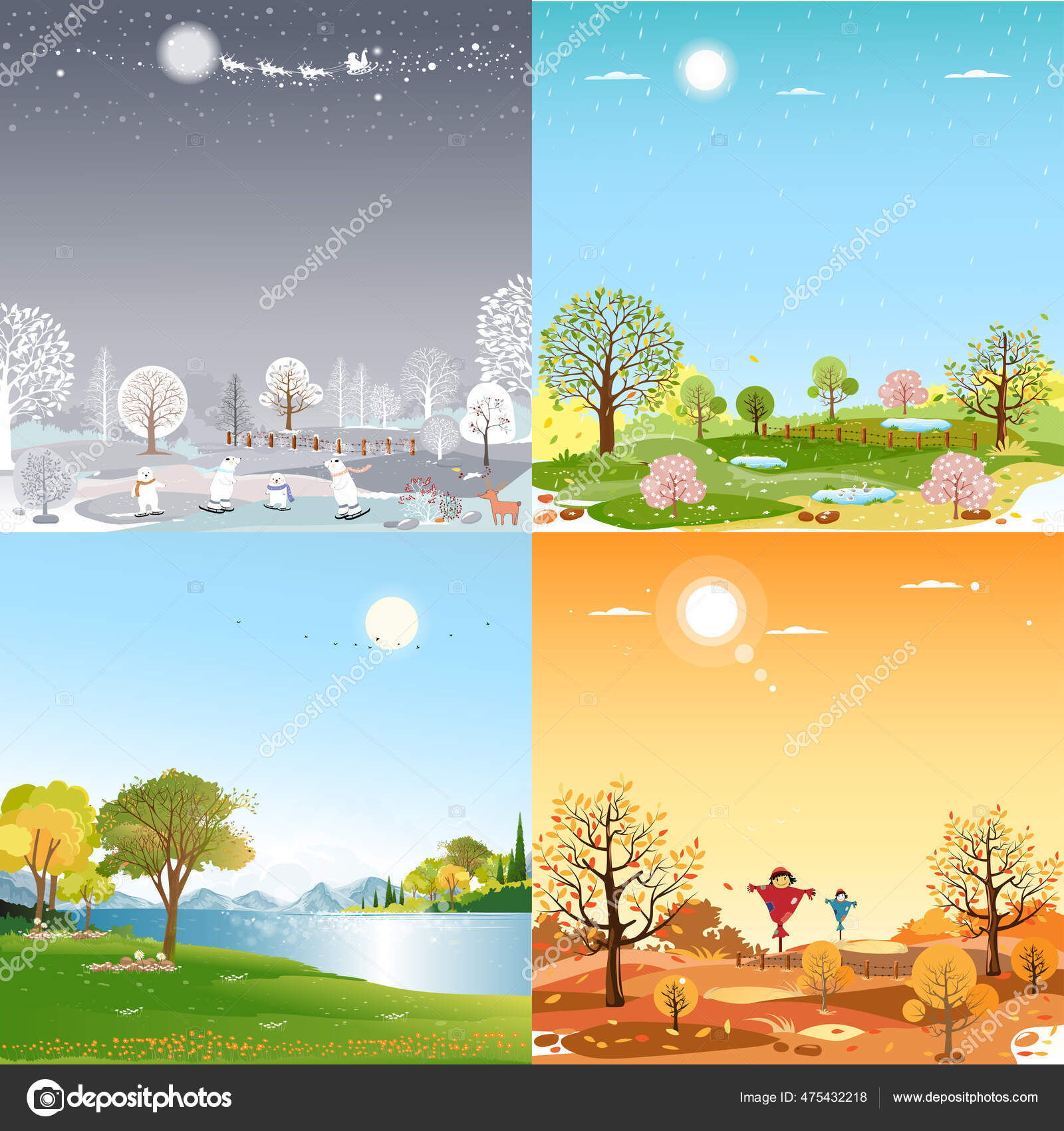 Vector Four Season Landscape Natural Backgrounds Winter Wonderland ...