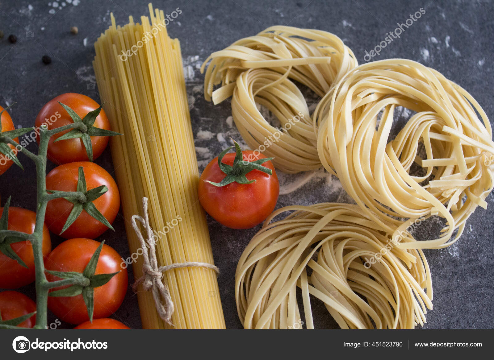 Pasta Ingredients Table Raw Spaghetti Tagliatelle Pasta Cherry Tomatoes ...