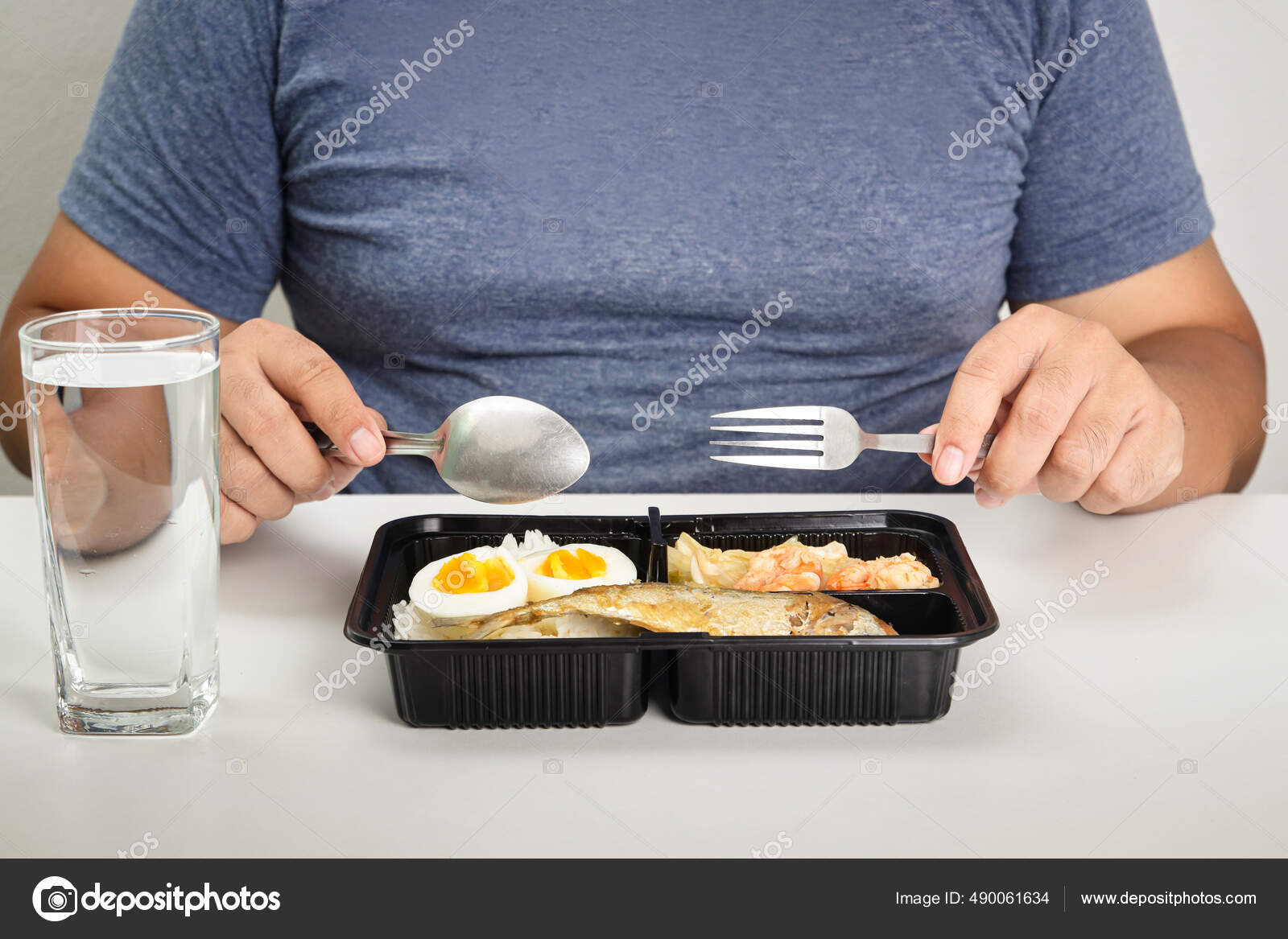 Fat Man Eating Box Food White Table Concept Home Quarantine Stock Photo ...