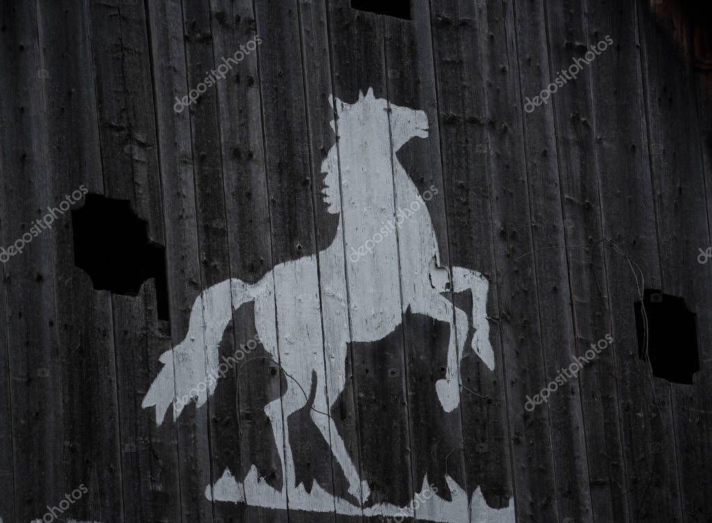 símbolo de caballo blanco pintado en una vieja pared de madera de un ...