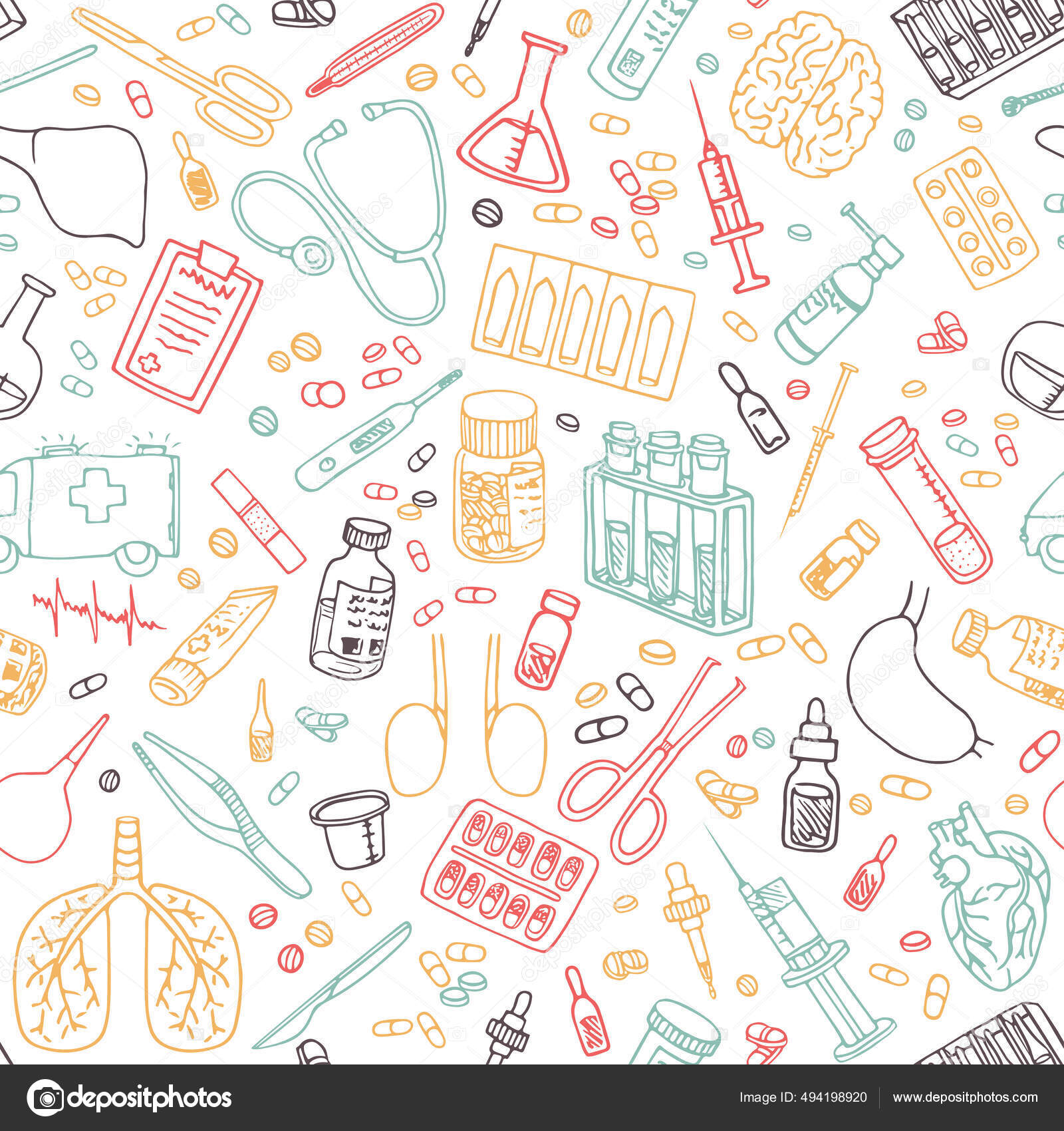 Medicine Doodle Hand Drawn Vector Seamless Pattern Stock Vector Image ...