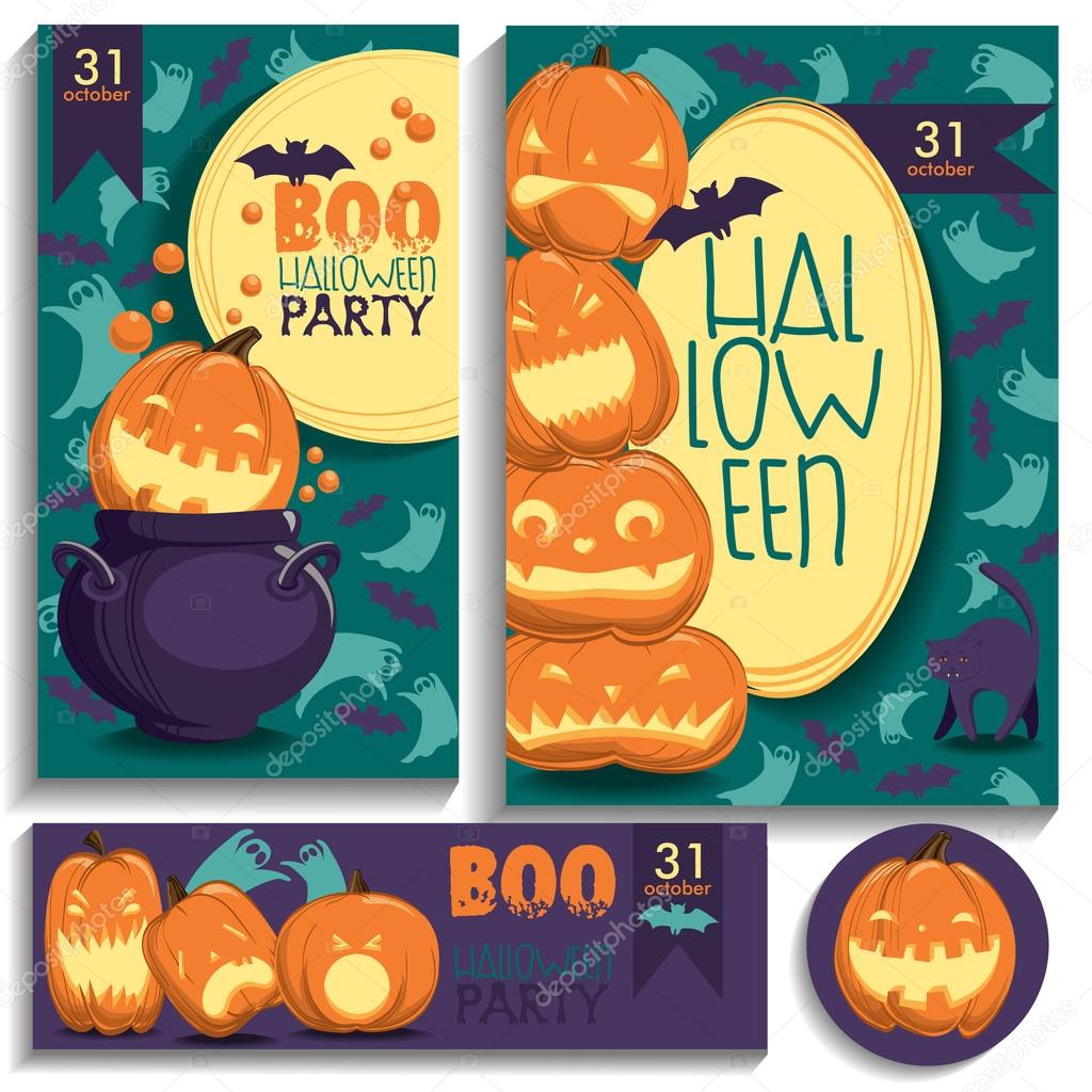 Tarjetas de Halloween. Calabazas, fantasmas, murciélagos . Vector de ...
