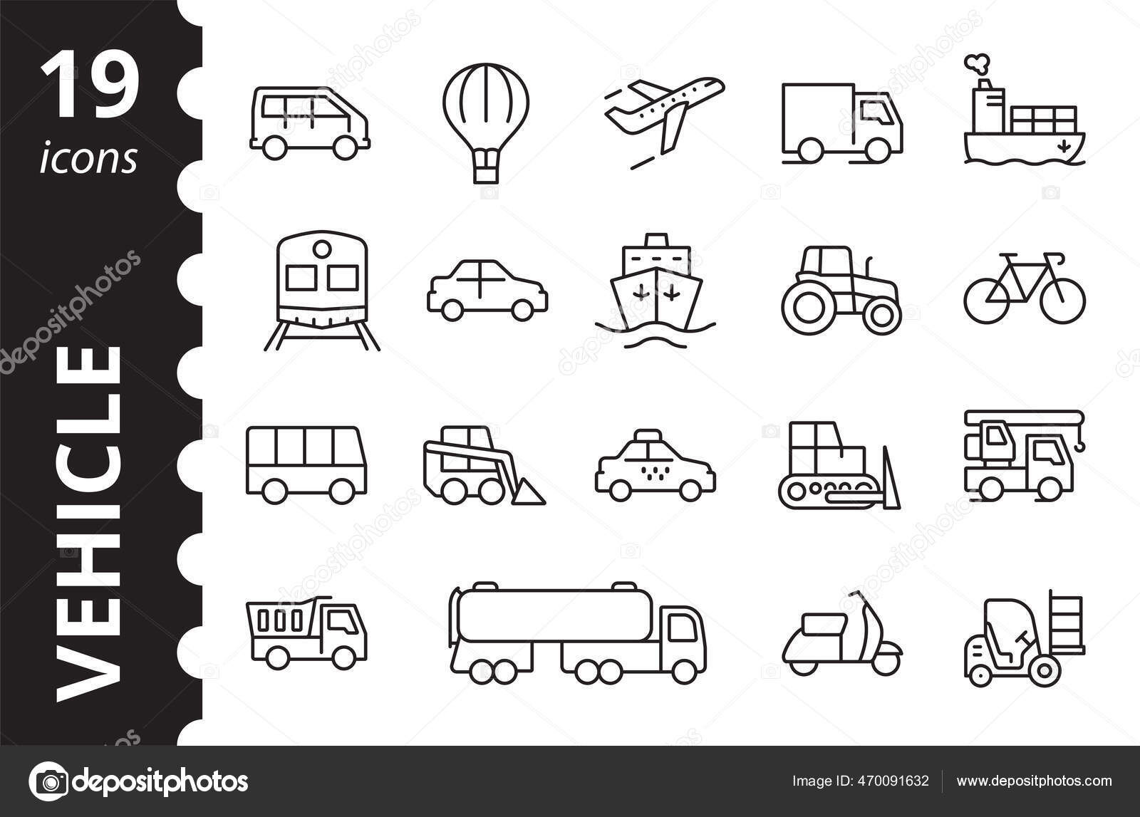 Vehicle Icons Set Simple Collection Transport Symbols Vector Line Signs ...