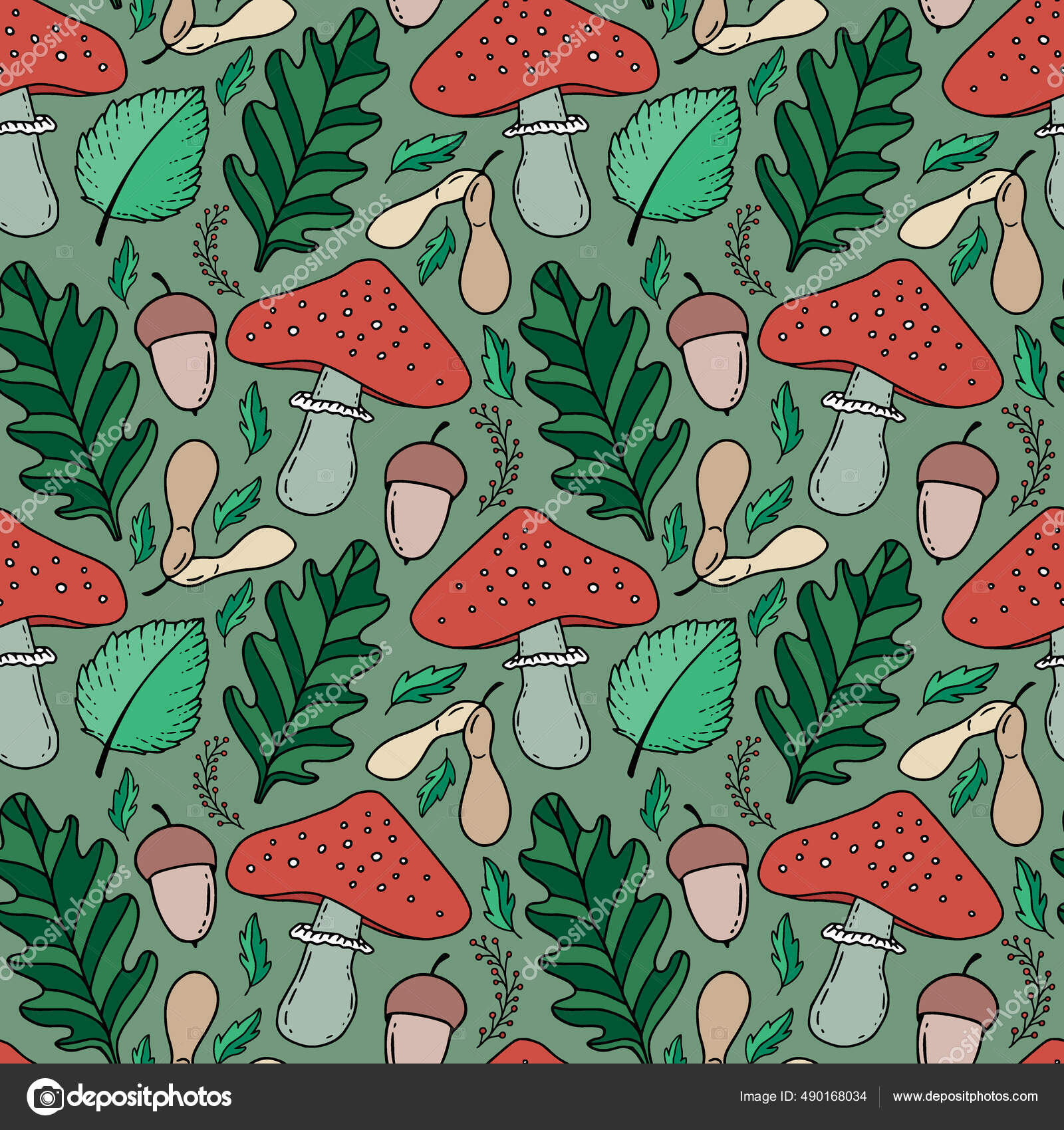 Autumn Repeating Background Fall Pattern Oak Leaves Red Mushrooms ...