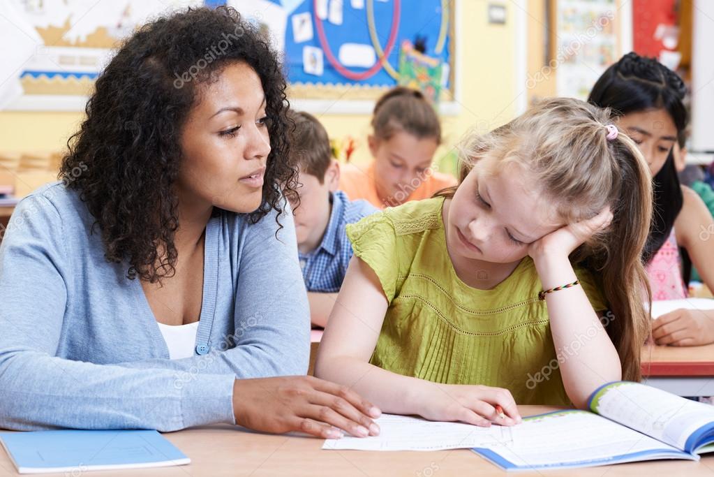 Teacher Female Elementary School Pupil With Problem — Stock Photo ...